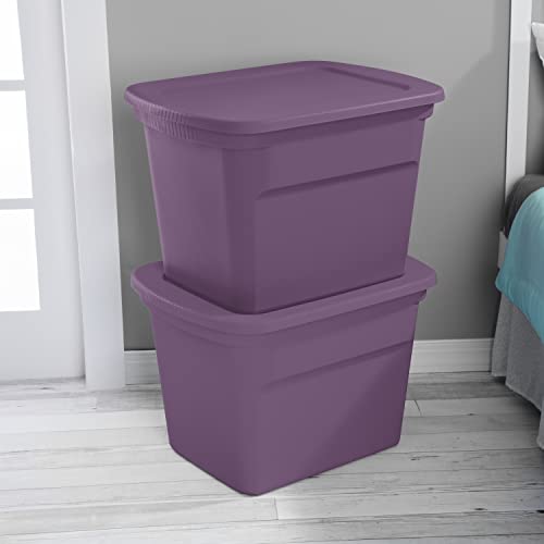 Sterilite 17318V08 Lidded Stackable 18 Gallon Storage Tote Container w/Handles and Indented Lid for Efficient, Space Saving Household Storage, Purple