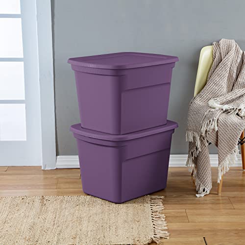 Sterilite 17318V08 Lidded Stackable 18 Gallon Storage Tote Container w/Handles and Indented Lid for Efficient, Space Saving Household Storage, Purple
