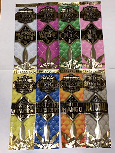Billionaire Hemp Wraps Variety Pack (16 Wraps) 8 Packs one Each Flavor; OGK Natural Ballin' Blueberry Milli Mango Majestic Grape Sweet Stacks Pink Lemonade Russian Cream