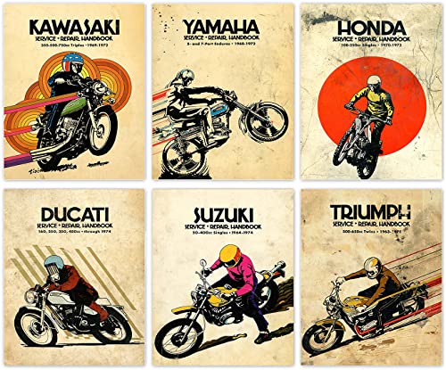 Vintage Motocross Wall Art for Man, Motorcycles Art Posters, Extreme Sport Canvas Wall Art for Man Cave, Bedroom, Teens Room Home Decor, The Best Gift for A Motocross Fans, Set of 6-(8"x10" Unframed)