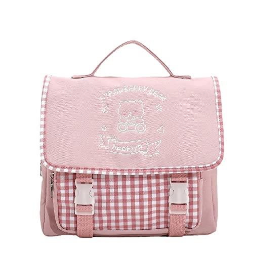 YUESUO Japanese Kawaii Plaid Bear Strawberry Backpack 3 Way Multi Bag for Girl Women JK Lolita Student Cosplay Satchel Book Bag (Pink,Medium)