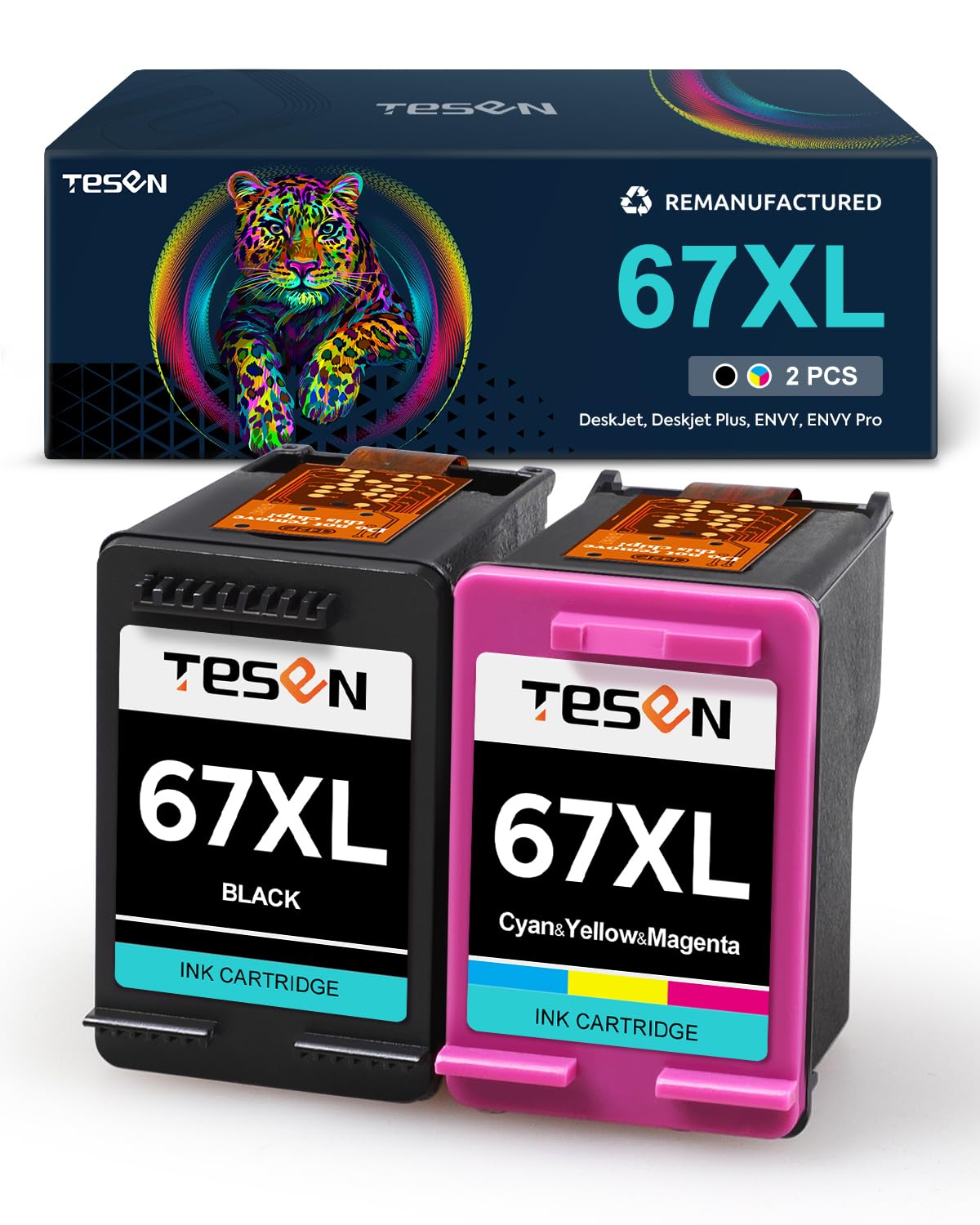TESEN 67XL Remanufactured 67XL Ink Cartridge Replacement for HP 67XL 67 XL Use with HP Envy 6030 6034 6075 DeskJet 1255 2723 2755 Plus 4122 4140 Printer Ink (2 Pack, 1 Black+1 Color)
