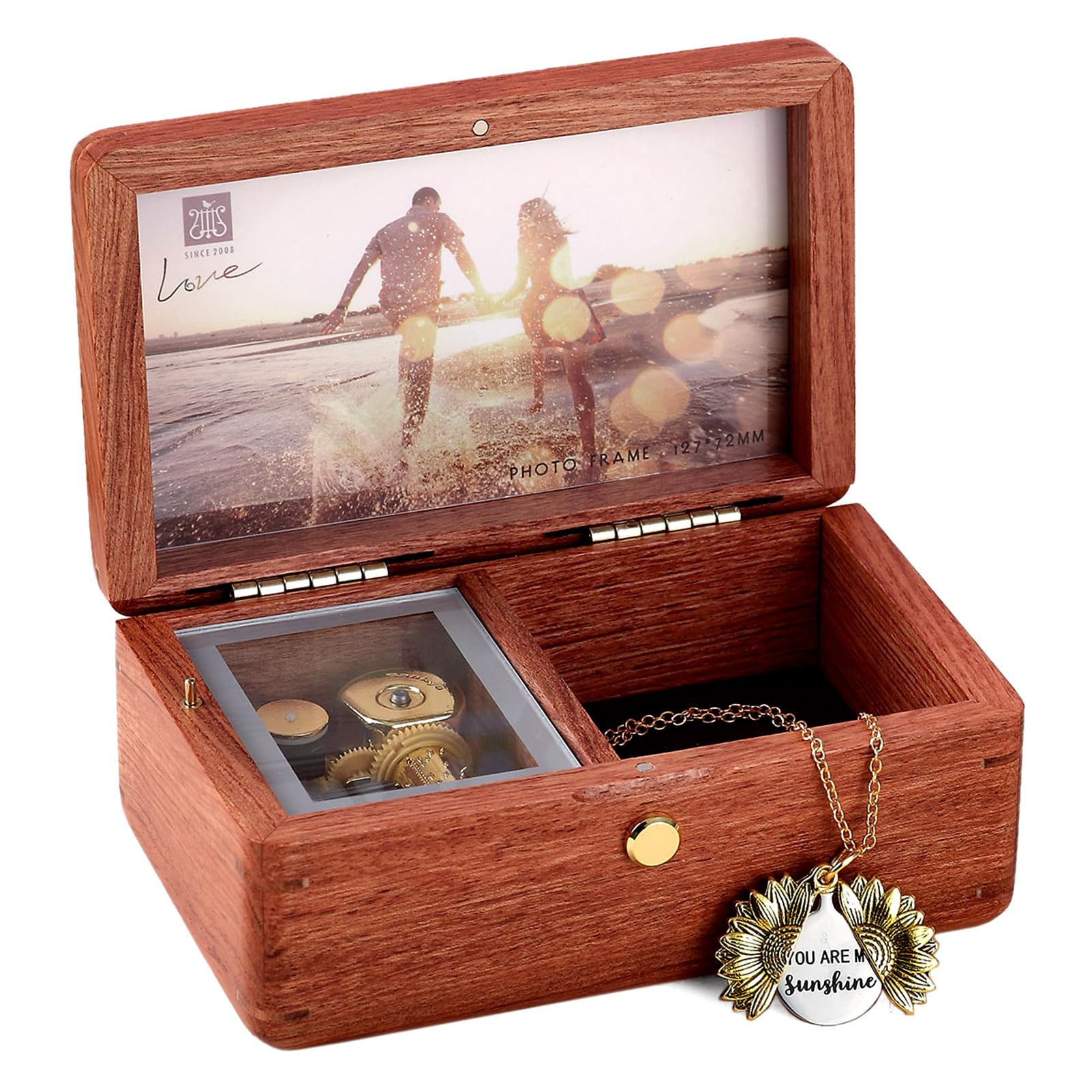 SOFTALK Vintage Jewelry Box Musical Boxs with Customizable Photos Case for Gifts Christmas Birthday and Valentine's Day（Simple Rosewood, Tune : Howl's moving castle-Merry Go Round of Life）