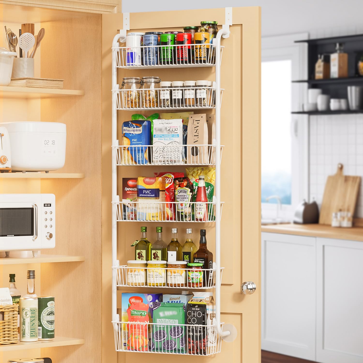 Over the Door Pantry Organizer, W17.5inch Wider Metal Over the Door Organizer, 6-Tier Pantry Door Organizer Spice Rack for Easy Install, 60 LBS Load Over the Door Storage, L17.5W6.7H53.7inch, White