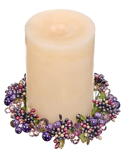 RIBC 6 Inch Spring Crystal and Pearlized Berry Candle Ring, Holds 3.75 Inch Pillar Candle - Green, Purple, White, Rose