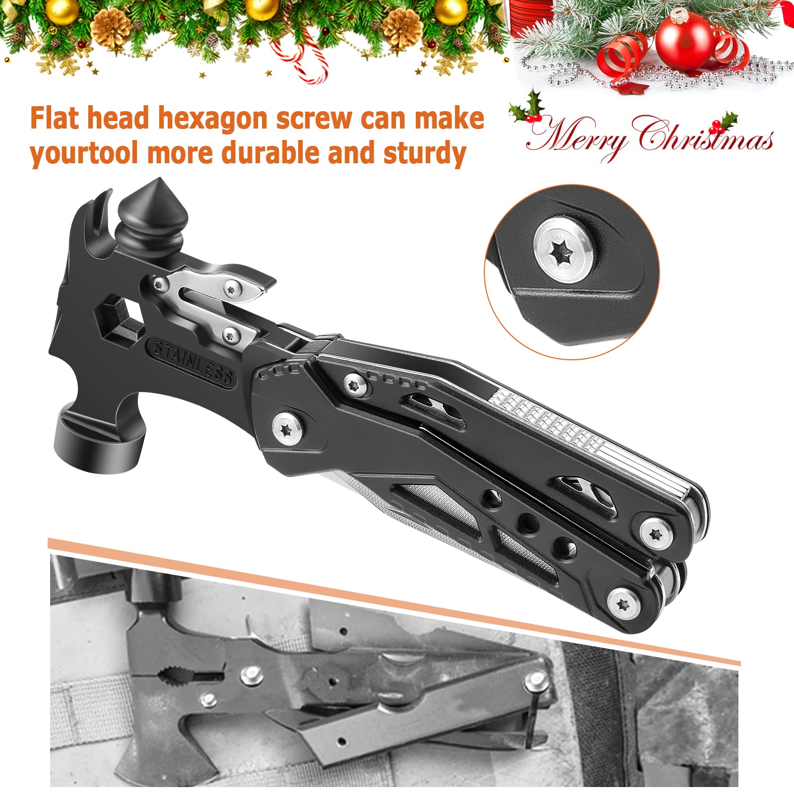 16 in 1 Multitool Hammer, 21 Tools Camping Accessories, Portable Survival Gear with Durable Sheath, 5-in-1 Function with Fire Starter, Gifts for Men