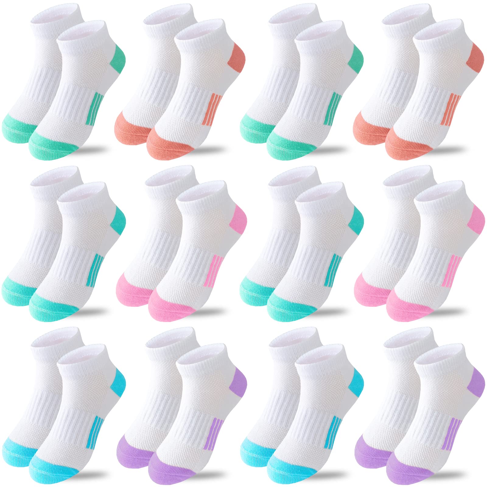Bemeol Girls Socks 12 Pairs Ankle Athletic Socks Cotton Sports Socks For Little Big Kids(7-10 Years)
