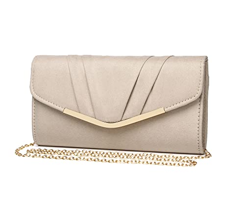 MUDUO Women Faux Suede Envelope Clutch Purse Evening Handbag Foldover Shoulder Crossbody Bag (Beige)