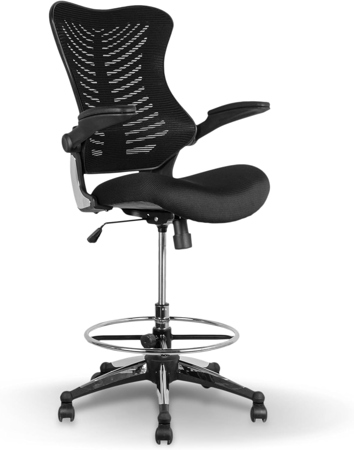 OFFICE FACTOR Stool Clerk Teller Drafting Chair Reception Black Mesh Flip up Armrest Molded Seat with a Single Handle Mechanism (Stool Black MESH Fabric)
