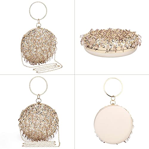 UBORSE Round Clutch Purse for Women Gold Beaded Evening Bag Crystal Sequin Prom Party Handbag with Rhinestone Handle