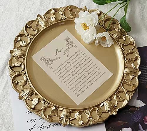 Tray Decor Round Gold Tray Decorative Gold Perfume Tray 13 Inches with Vintage Floral Edging Design (Gold)