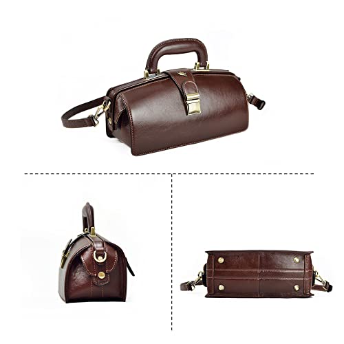 Erivis genuine leather handbag cowhide doctor bag brown shoulder bag buckle women's bag (Brown)