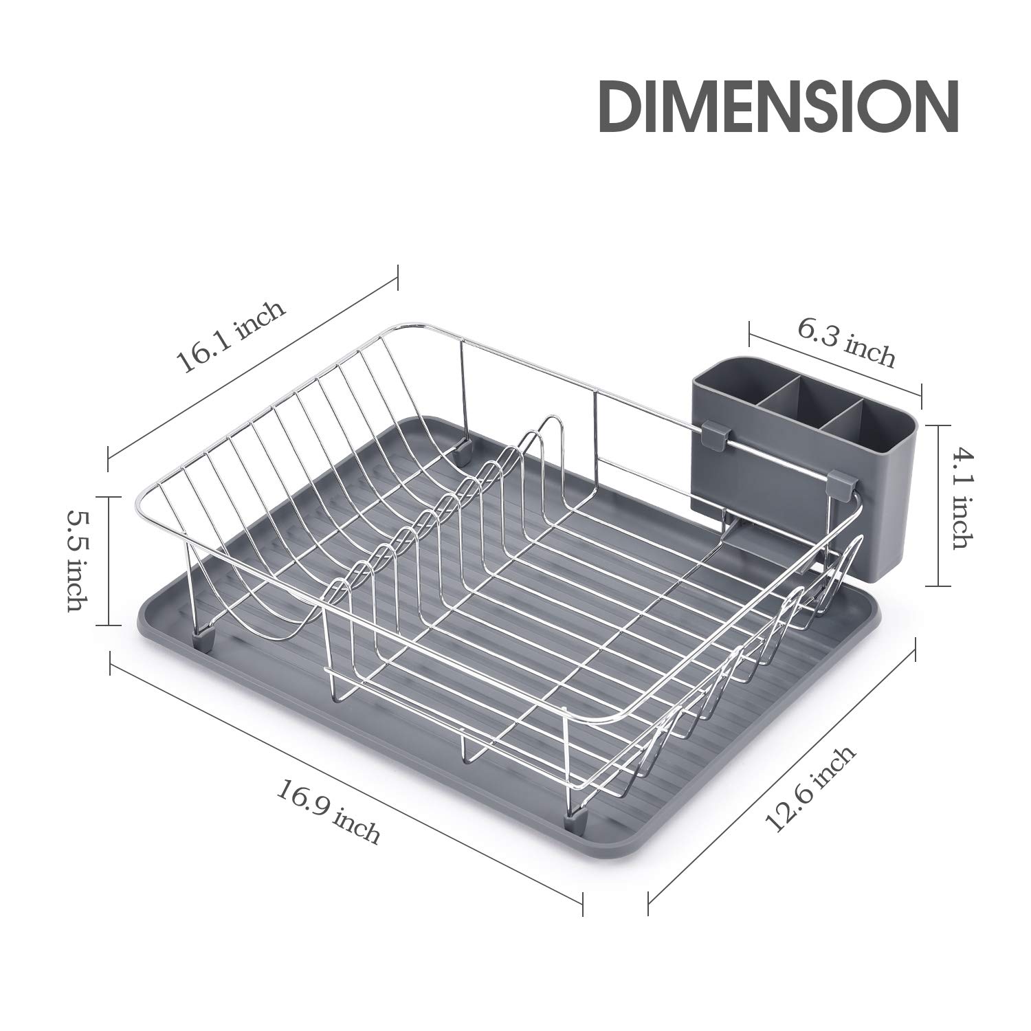 TOOLF Dish Rack, Large Capacity, Dish Drying Rack with Cutlery Holder, Removable Drip Tray, Cup Holder, Compact Kitchen Drainers for Countertop, Grey