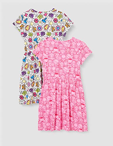 Amazon Essentials Disney Star Wars | Frozen | Princess Girls' Knit Short-Sleeve Cinch-Waist Dresses (Previously Spotted Zebra), Pack of 2, Pink Marvel, Small