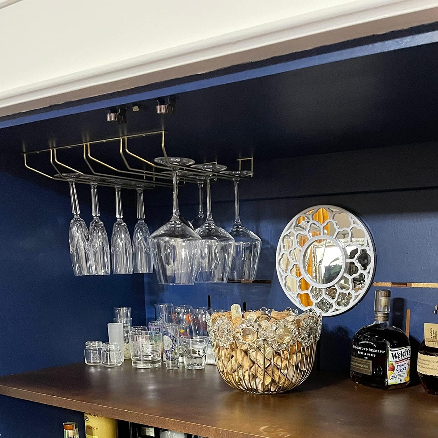 14-Inch Gold Wine Glass Rack, Under Cabinet Wine Glass Holder Stainless Steel Stemware Rack - Hanging Stemware Holder for Cabinet Kitchen Bar, Set of 2