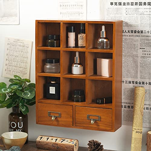 Gdrasuya10 Wooden Floating Shelves, Rustic Shadow Box Display Shelf with 9-Slot Retro Display Storage Rack Shelf with 2 Drawers for Kitchen Bedroom