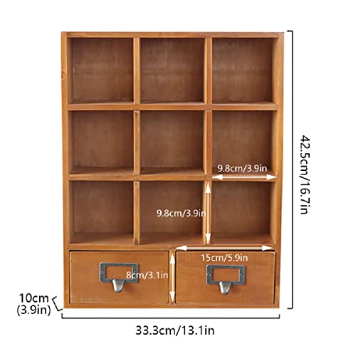 Gdrasuya10 Wooden Floating Shelves, Rustic Shadow Box Display Shelf with 9-Slot Retro Display Storage Rack Shelf with 2 Drawers for Kitchen Bedroom