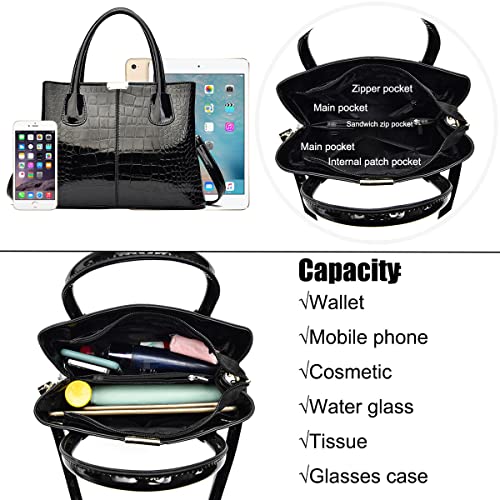 XingChen Handbag and Purse for Women Patent Leather Shoulder Bag Crocodile Pattern Top-Handle Satchel Tote Wallet(Brown)