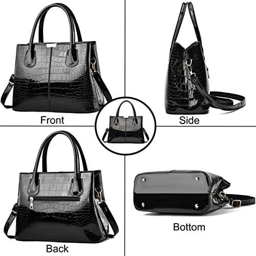 XingChen Handbag and Purse for Women Patent Leather Shoulder Bag Crocodile Pattern Top-Handle Satchel Tote Wallet(Brown)