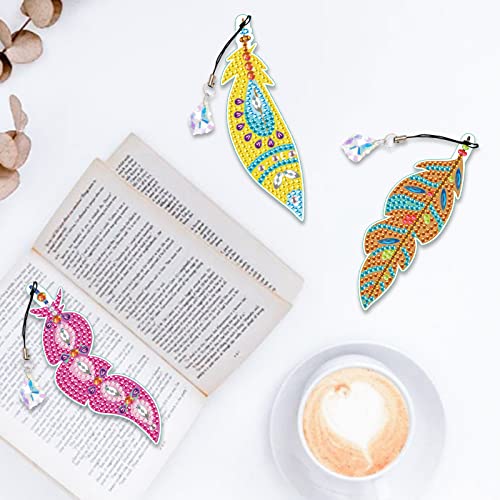 pigpigboss Feather Bookmark Diamond Painting Set 6 PCS PVC Diamond Painting Bookmark with Pendant Peacock Feather Bookmark Diamond Painting Art Graduation Gift