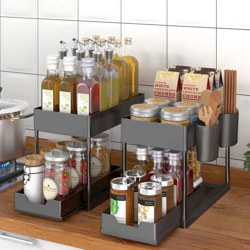 PURSQUAL 2 Pack Under Sink Organizers and Storage with Pull Out Drawer, 2 Tier Bathroom Organizer, Under Kitchen Cabinet Organizer, Multi-purpose Storage Shelf for Kitchen, Bathroom, Countertop,Black