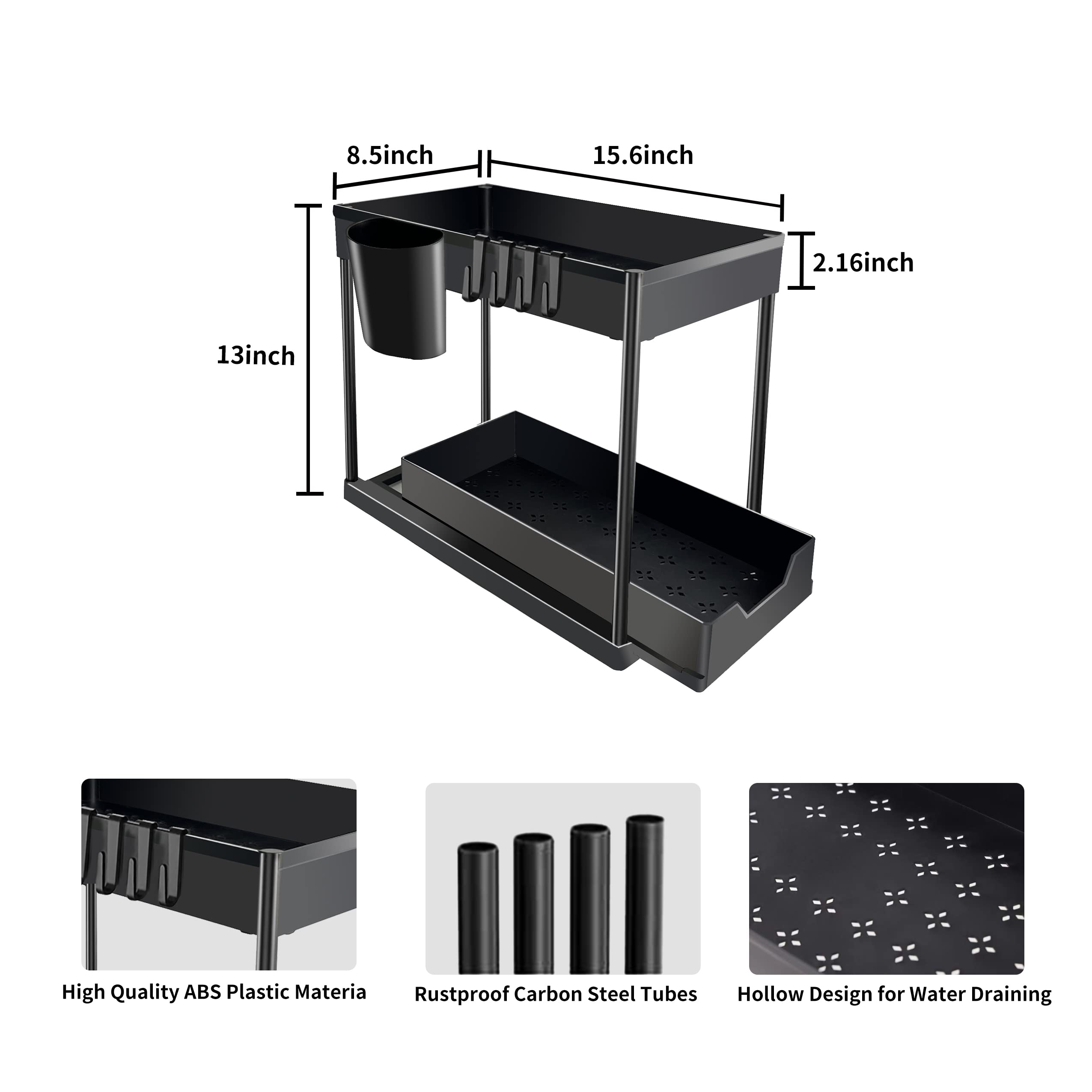 PURSQUAL 2 Pack Under Sink Organizers and Storage with Pull Out Drawer, 2 Tier Bathroom Organizer, Under Kitchen Cabinet Organizer, Multi-purpose Storage Shelf for Kitchen, Bathroom, Countertop,Black