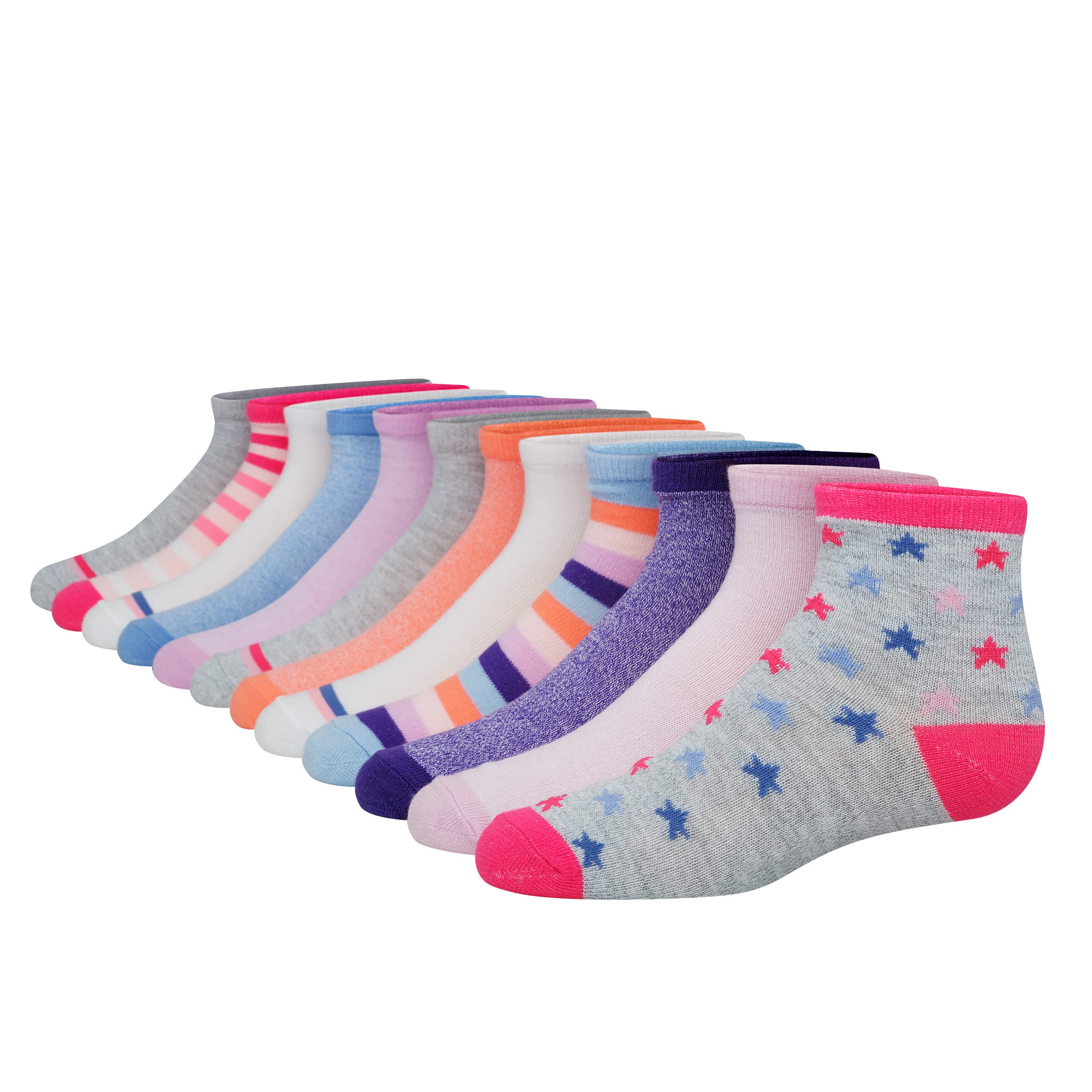 Hanes Girls' Big, Ankle and No Show Fashion, Soft Socks, 12-Pack, Ankle-Grey/Blue/Pink/Lavender-12 Pack, Medium
