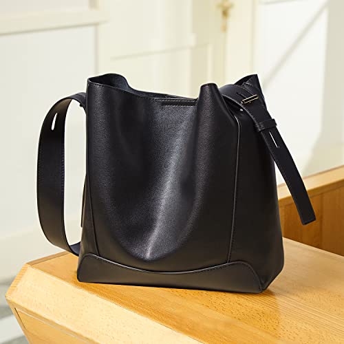 FOXLOVER Small Hobo Shoulder Bags for Women, Mini Ladies Bucket Bags Designer Genuine Leather Handbag Purse (Black)