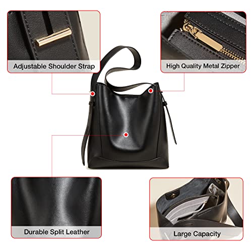 FOXLOVER Small Hobo Shoulder Bags for Women, Mini Ladies Bucket Bags Designer Genuine Leather Handbag Purse (Black)