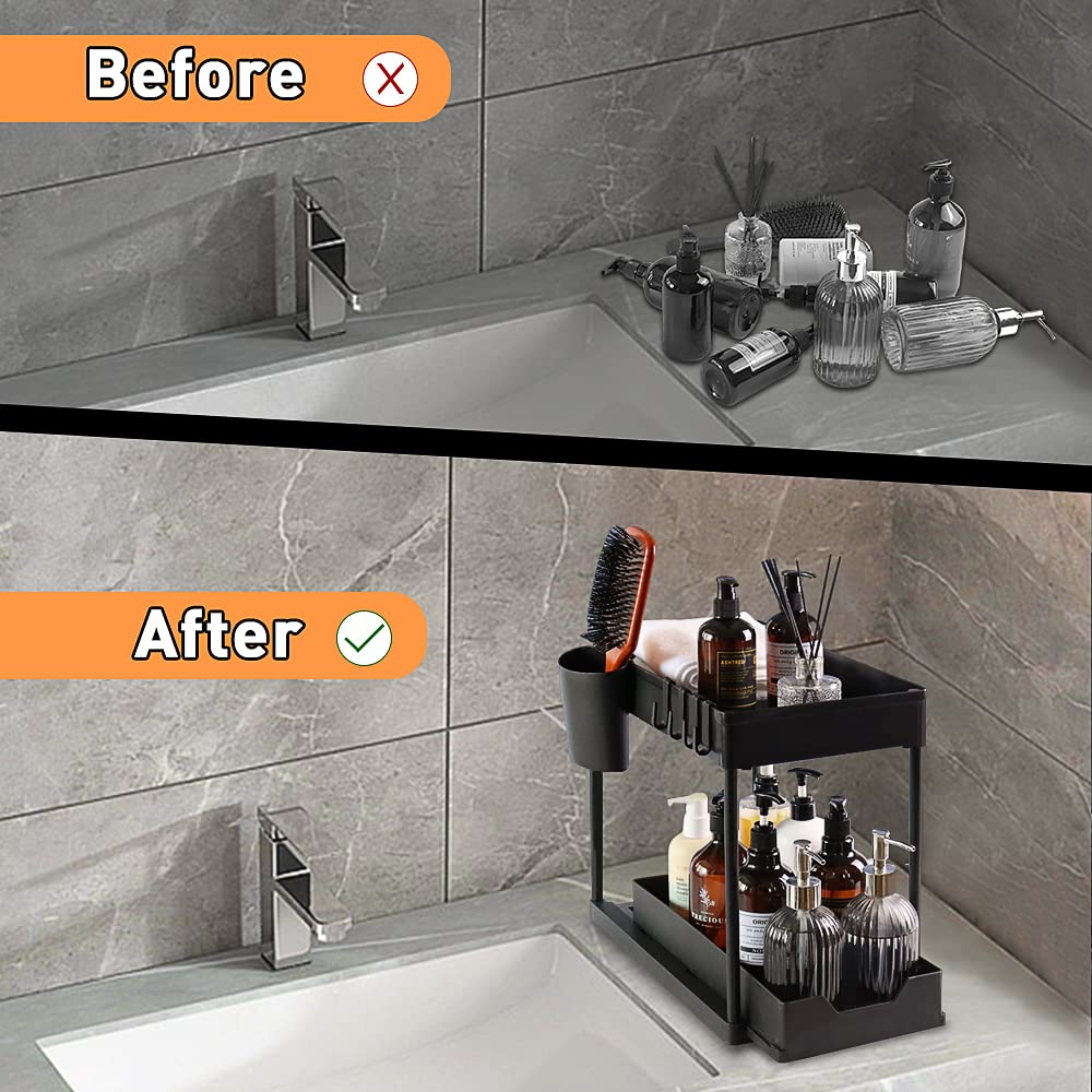 PURSQUAL 2 Pack Under Sink Organizers and Storage with Pull Out Drawer, 2 Tier Bathroom Organizer, Under Kitchen Cabinet Organizer, Multi-purpose Storage Shelf for Kitchen, Bathroom, Countertop,Black