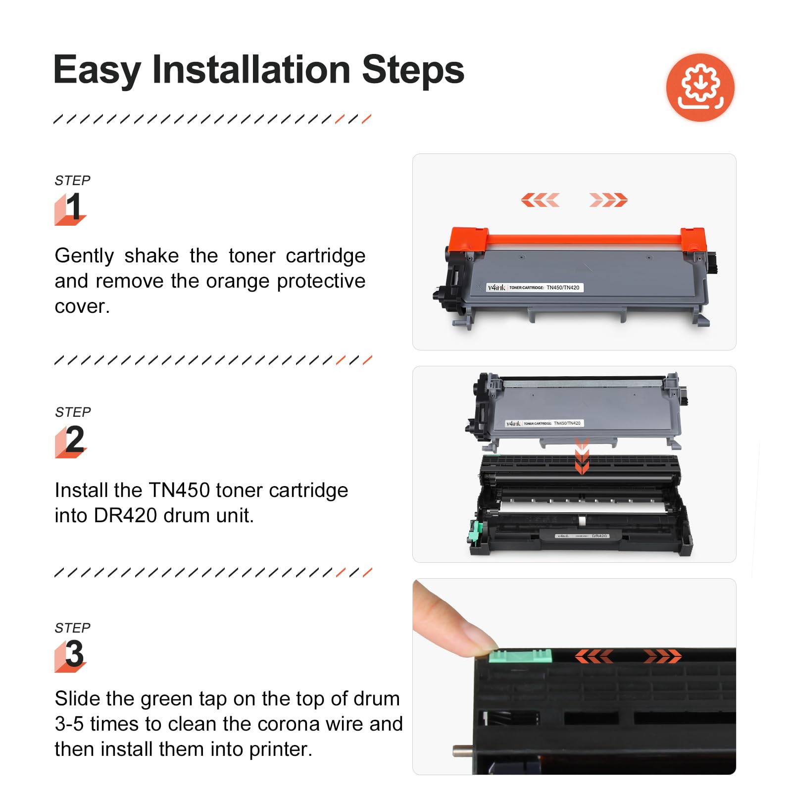 v4ink Compatible Toner Cartridge and Drum Unit Replacement for Brother TN450 TN420 DR420 use with HL-2270dw HL-2280dw HL-2230 HL-2240d MFC-7240 MFC-7360n MFC-7860dw 3 Packs (1 Drum+2 Toner) (Black)