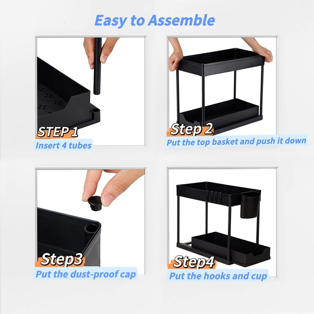 PURSQUAL 2 Pack Under Sink Organizers and Storage with Pull Out Drawer, 2 Tier Bathroom Organizer, Under Kitchen Cabinet Organizer, Multi-purpose Storage Shelf for Kitchen, Bathroom, Countertop,Black