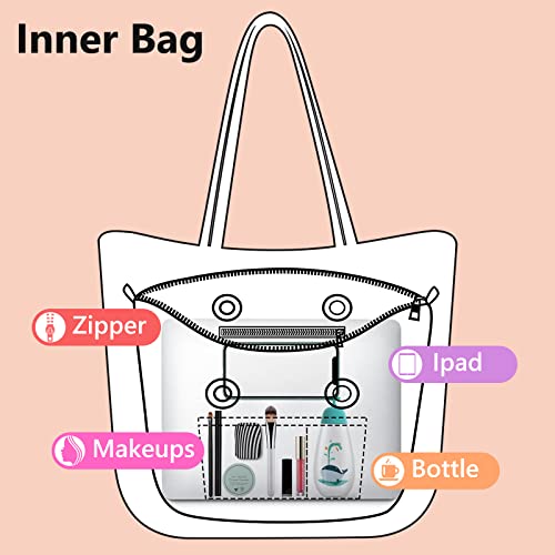 Carfany Small Beach Bag With Zipper Washable Rubber Tote Bag For Women Pink