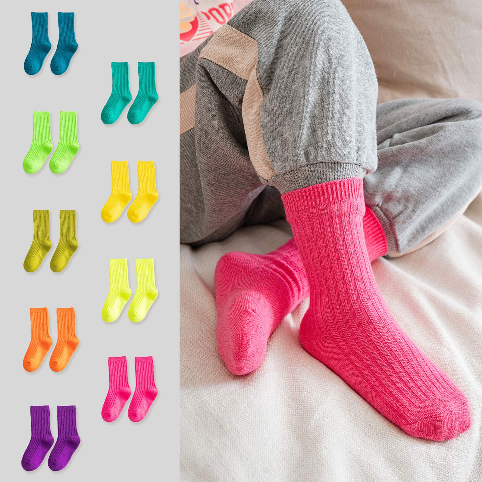 MINI PANDA Little Girl's Socks, Girls Socks Cute,girls Crew Socks 9 Pairs Pack (9 colors-2, 5-8 Years)