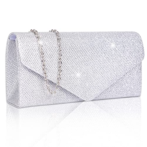 Larcenciel Silver Clutch Purses for Women Evening, Sparkly Envelope Clutch Evening Bag w/Chain, Elegant Crossbody Shoulder Handbag, Shiny Party Prom Purse Bride Wedding Guest Clutch Dress Carry on Bag