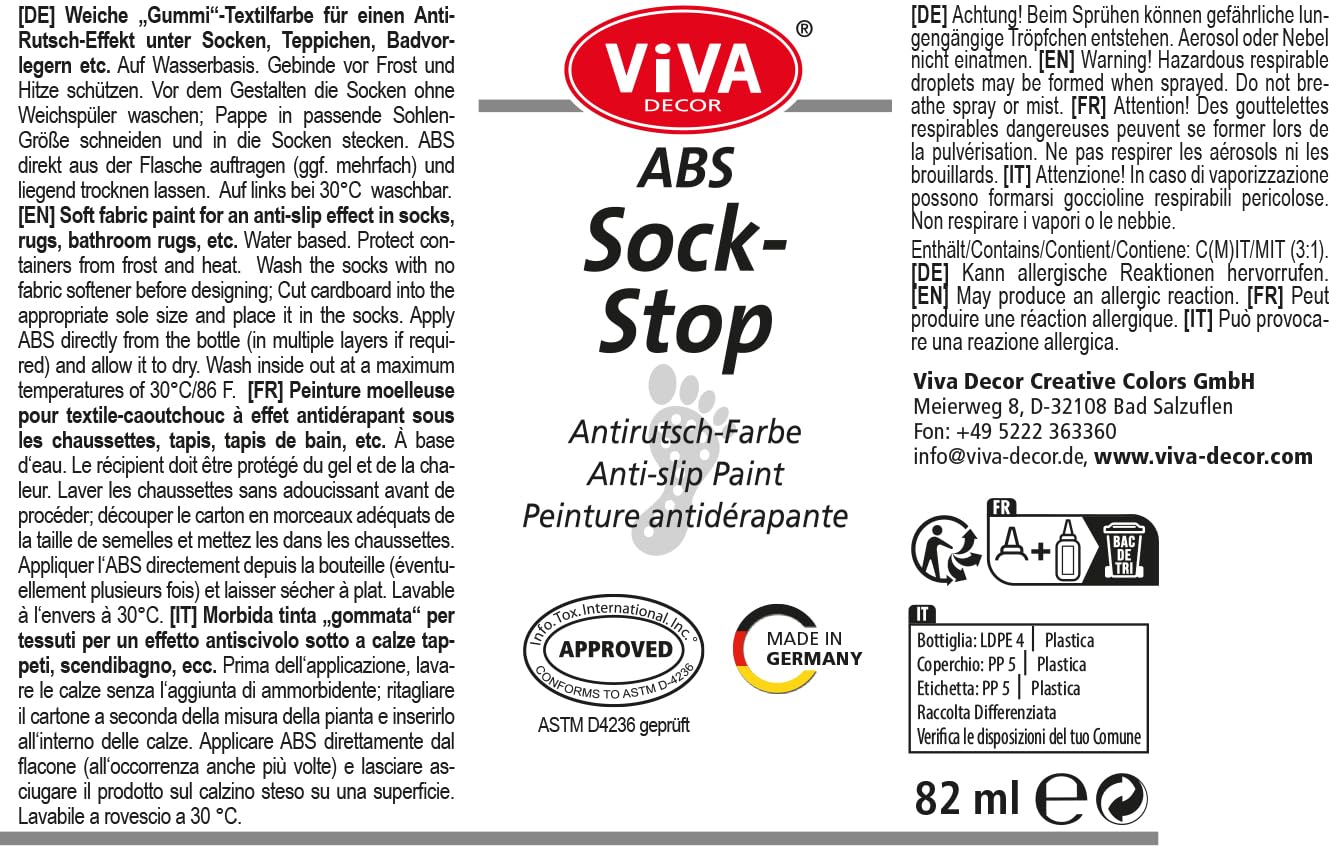 Viva Decor Sock Stop Non Slip Transparent Liquid 2,77 fl oz,ABS Anti Skid Fabric - Liquid Anti-Slip for Socks - Made in Germany