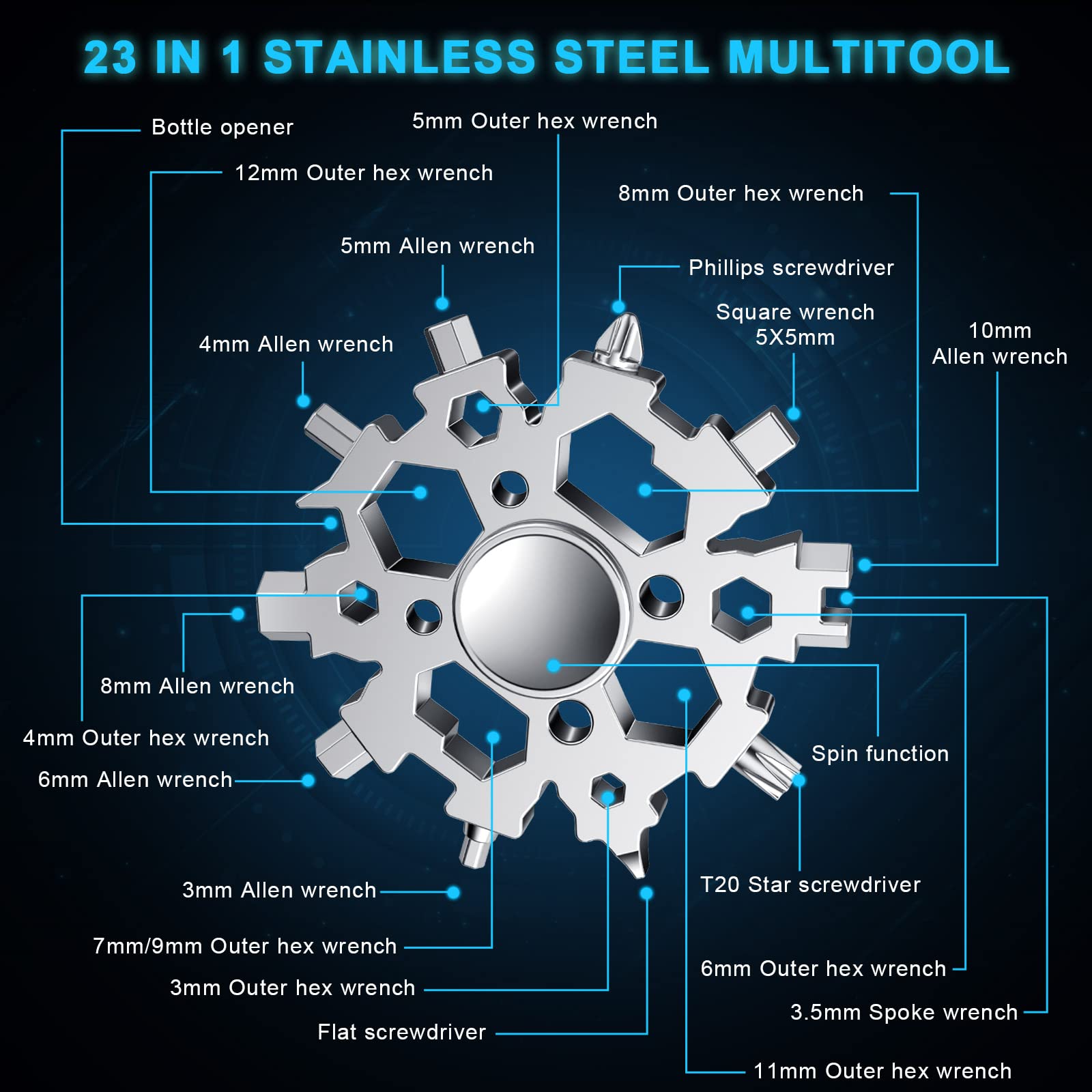 23 in 1 Snowflake Multi Tool Snowflake Stainless Steel Keychain with Storage Bag Multitool Portable Snowflake Tool Gadgets Christmas Snowflake Gifts for Men Dad Husband Boyfriend (Classic)