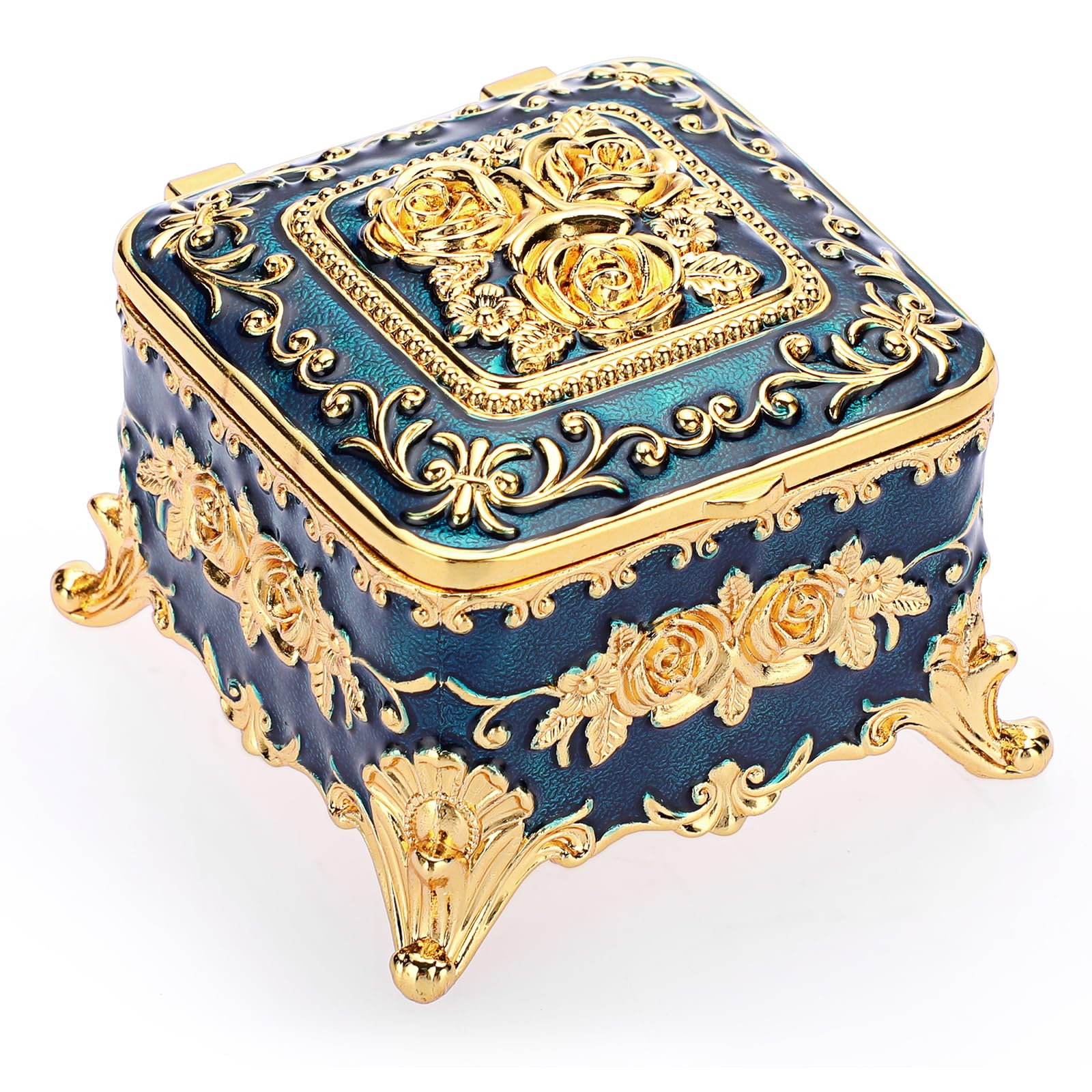 Hipiwe Vintage Metal Jewelry Box - Small Trinket Organizer Ring Box Case with Rose Pattern, Jewelry Storage Box for Ring Earrings Necklace, Keepsake Box for Women Girls, 3"x3"x2.4"
