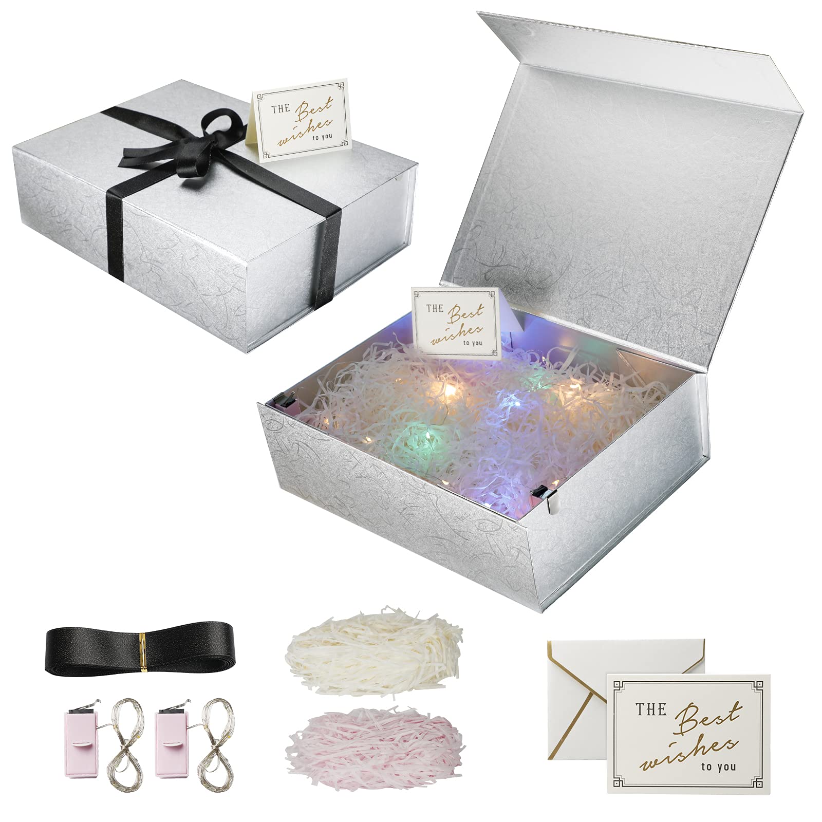 Large Gift Box with Lid, Collapsible Magnetic Closure Gift Box for Present, Birthday, Christmas; Bridesmaid Groomsman Luxury Gift Box Contains LED String Lights, Ribbon, Shredded Paper Filler, Card