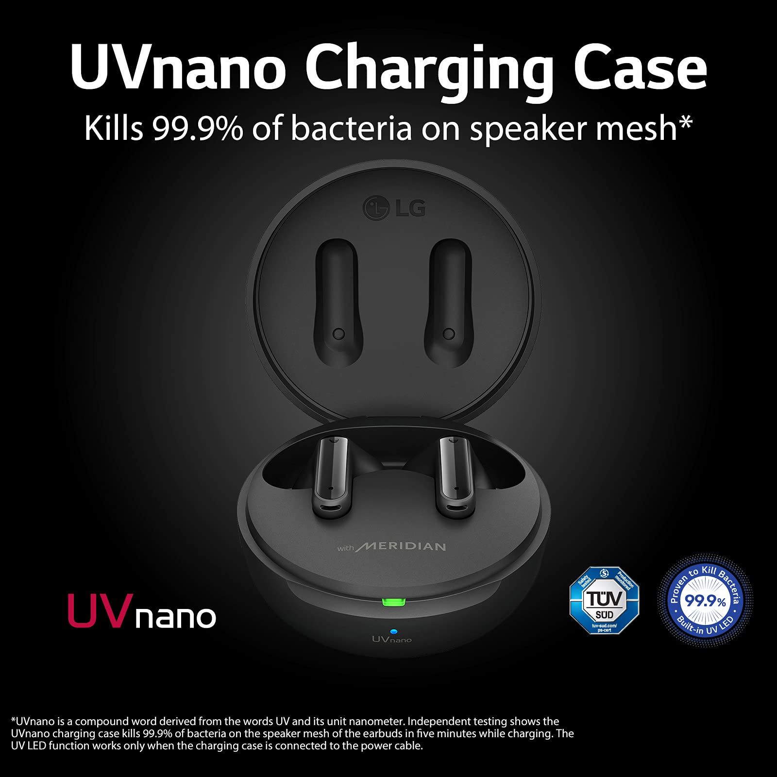 LG TONE Free FP8 - Enhanced Active Noise Cancelling True Wireless Bluetooth Earbuds with Meridian Sound, UVnano Kills 99.9% of Bacteria on Speaker Mesh*, Wireless Charging Case, 3 Mics