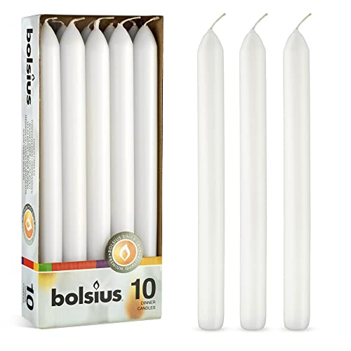BOLSIUS 10 Count Household White Dinner Candles - 9 Inches - Premium European Quality - Approx. 8 Hours Burn Time - Unscented Dripless and Smokeless, Restaurant, Wedding, Spa, and Party Candlesticks