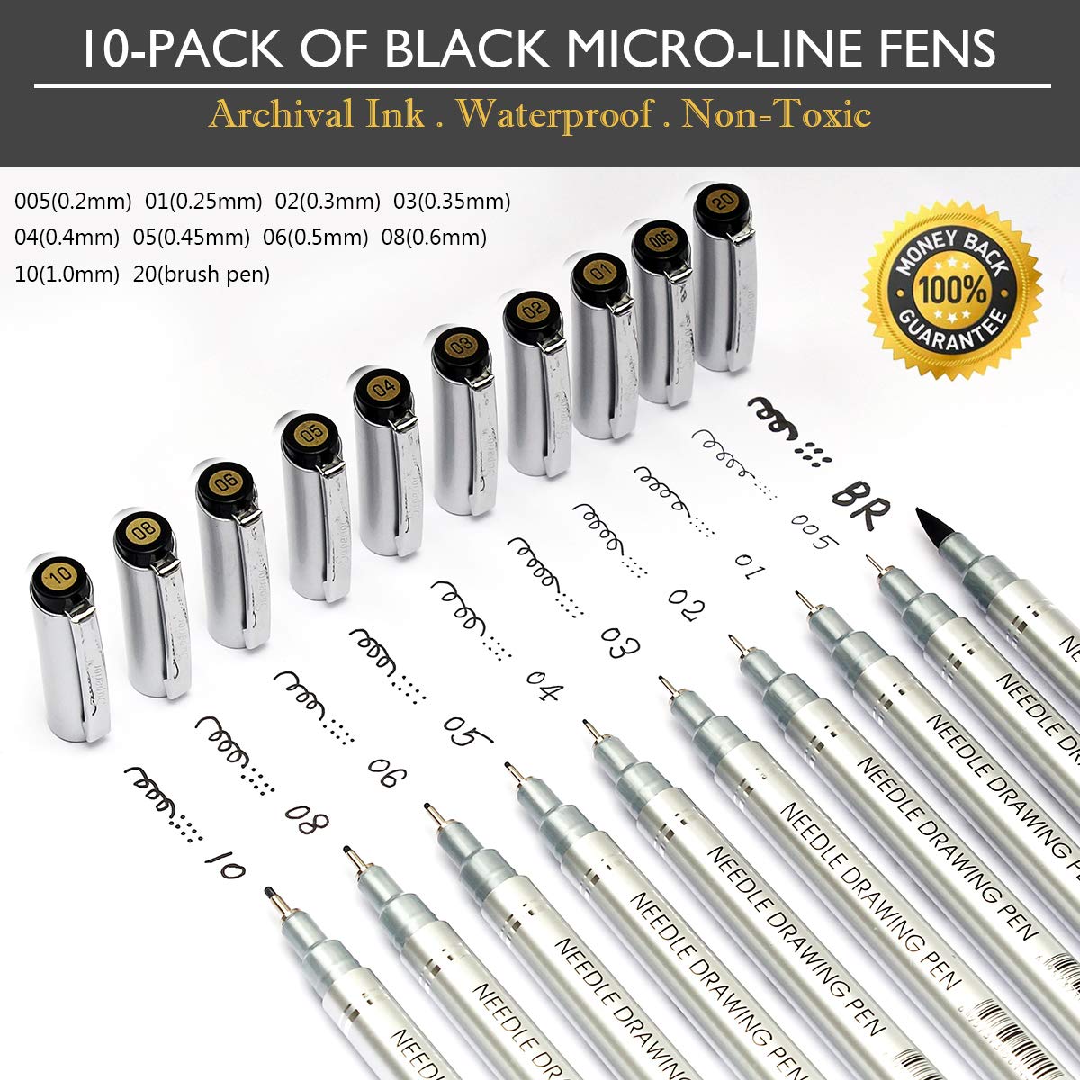 PANDAFLY Precision Micro-Line Pens, 10 Size Black Micro-Pen Fineliner Ink Pens, Waterproof Archival Ink Multiliner Pens for Artist Illustration, Calligraphy, Sketching, Technical Drawing
