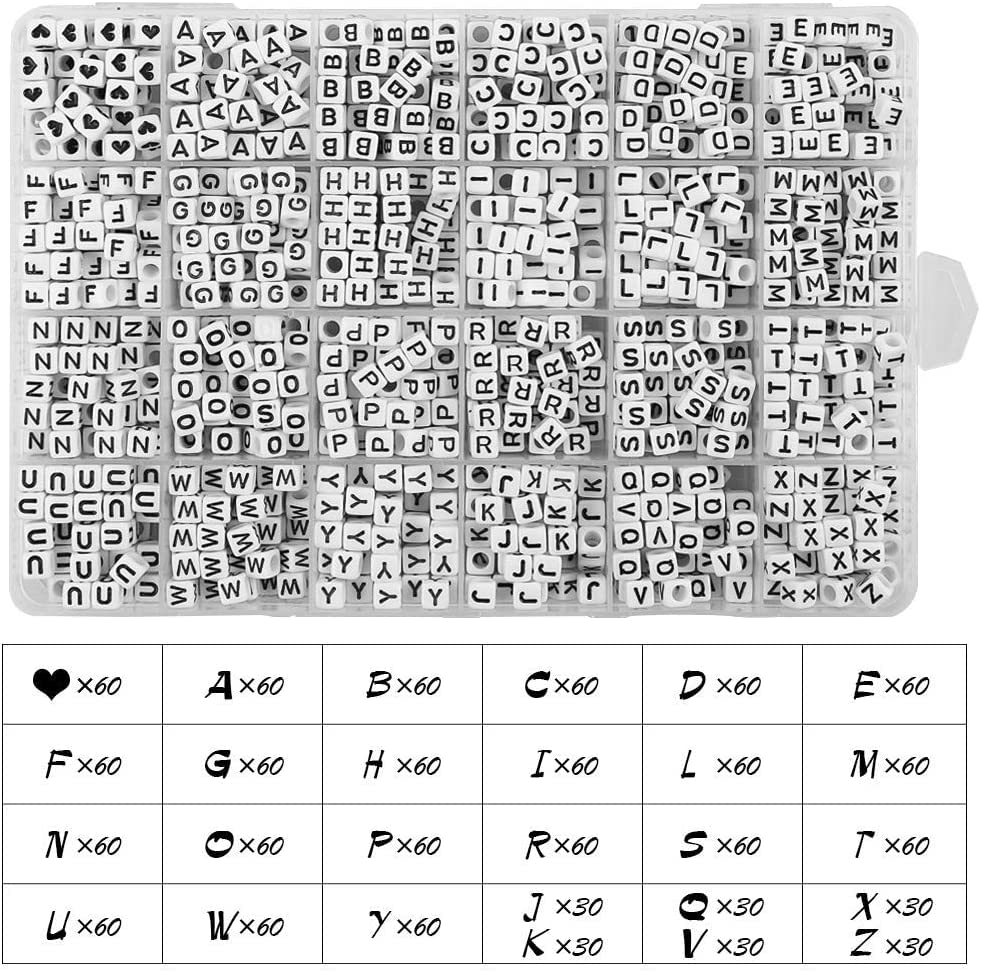Quefe 1440pcs Acrylic Letter Beads White Cube Alphabet Beads Sorted Alphabet Beads for Jewelry Making, Bracelets, Necklaces, Key Chains (6 x 6mm)