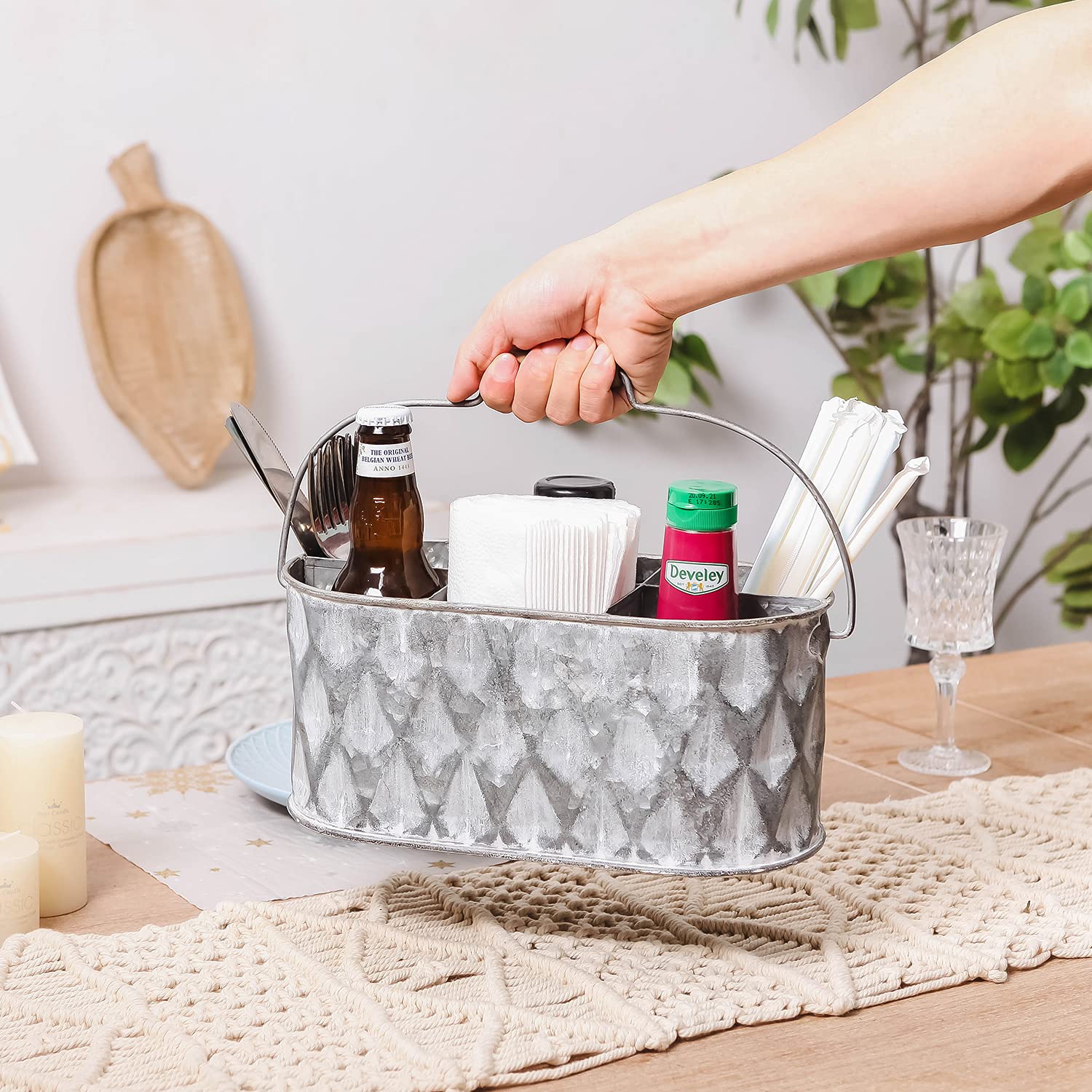 NIKKY HOME Galvanized Metal Caddy with 6 Compartments, Farmhouse Utensil Holder Rustic Utensil Caddy Carry-All Serveware Picnic Caddy Multipurpose Storage Bin with Handle - 12 x 5.5 x 9.5 inches