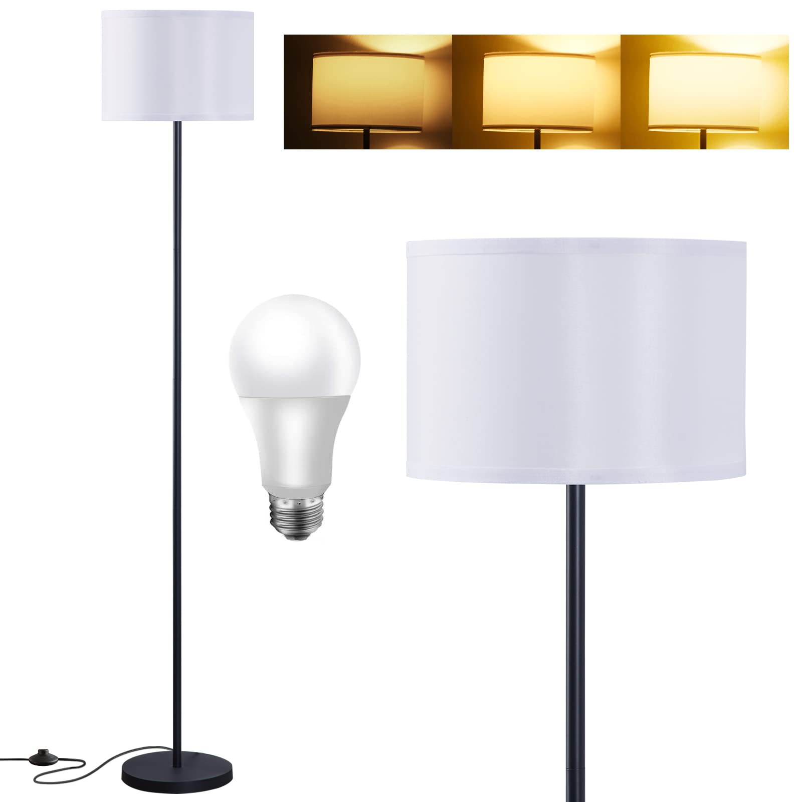 YUNHONG Simple Design LED Floor Lamp,Modern Standing Lamp with White Shade,Pole Lamp with Foot Switch,64.7'' Tall Lamp for Living Room Bedroom Office,Home Decor Lamps(LED Bulb Included)
