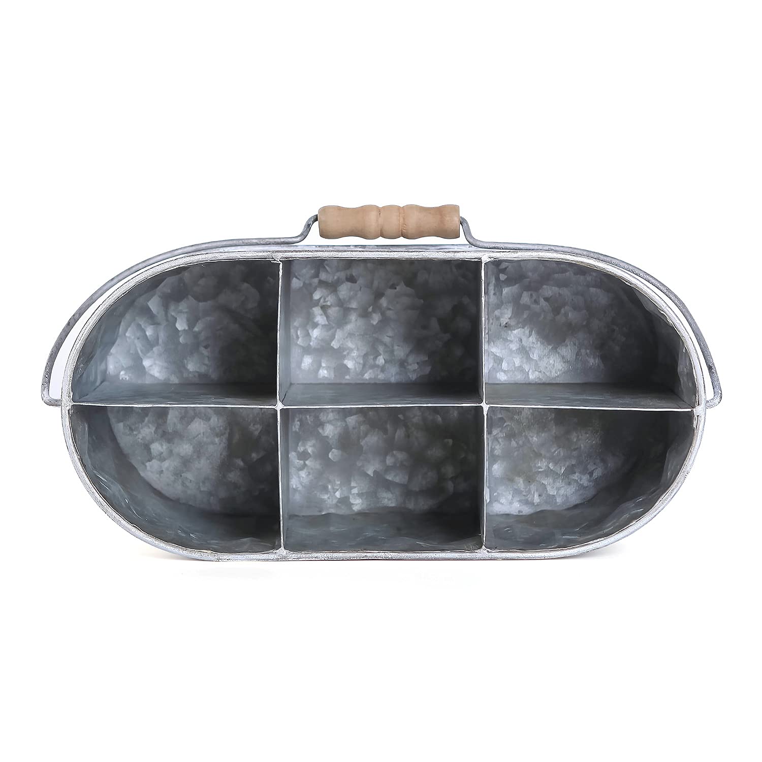 NIKKY HOME Galvanized Metal Caddy with 6 Compartments, Farmhouse Utensil Holder Rustic Utensil Caddy Carry-All Serveware Picnic Caddy Multipurpose Storage Bin with Handle - 12 x 5.5 x 9.5 inches