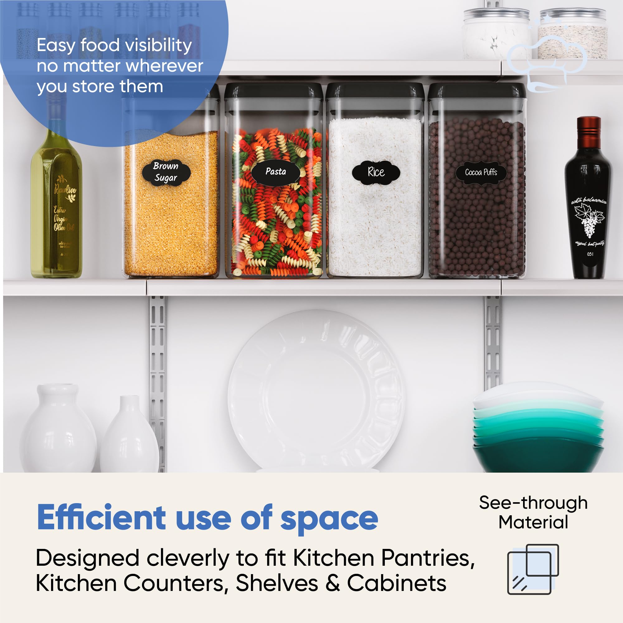 Airtight Extra Large Food Storage Containers - Set of 4, All Same Size - Kitchen & Pantry Organization - Cereal, Spaghetti, Noodles, Pasta, Flour and Sugar Containers - Plastic Canisters with Lids