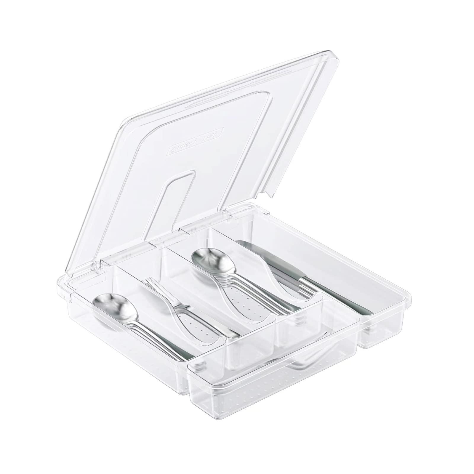 CDWMJ Silverware Organizer for Drawer & Countertop with Lid, Plastic Flatware Cutlery Tray with 5 Compartments, Dustproof Portable Kitchen Utensil Holder
