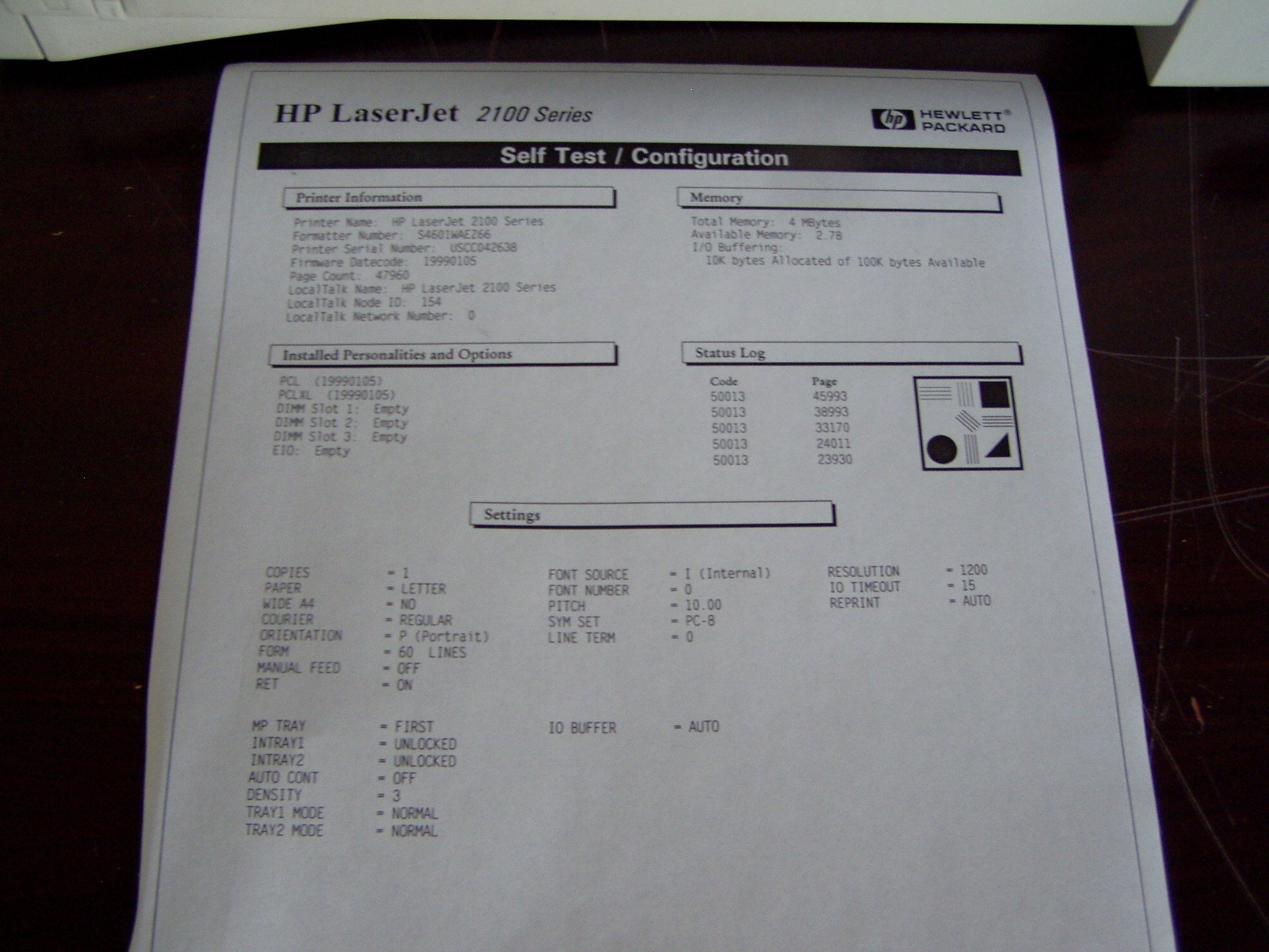 HP Laserjet 2100 Laser Printer W/Test Prints