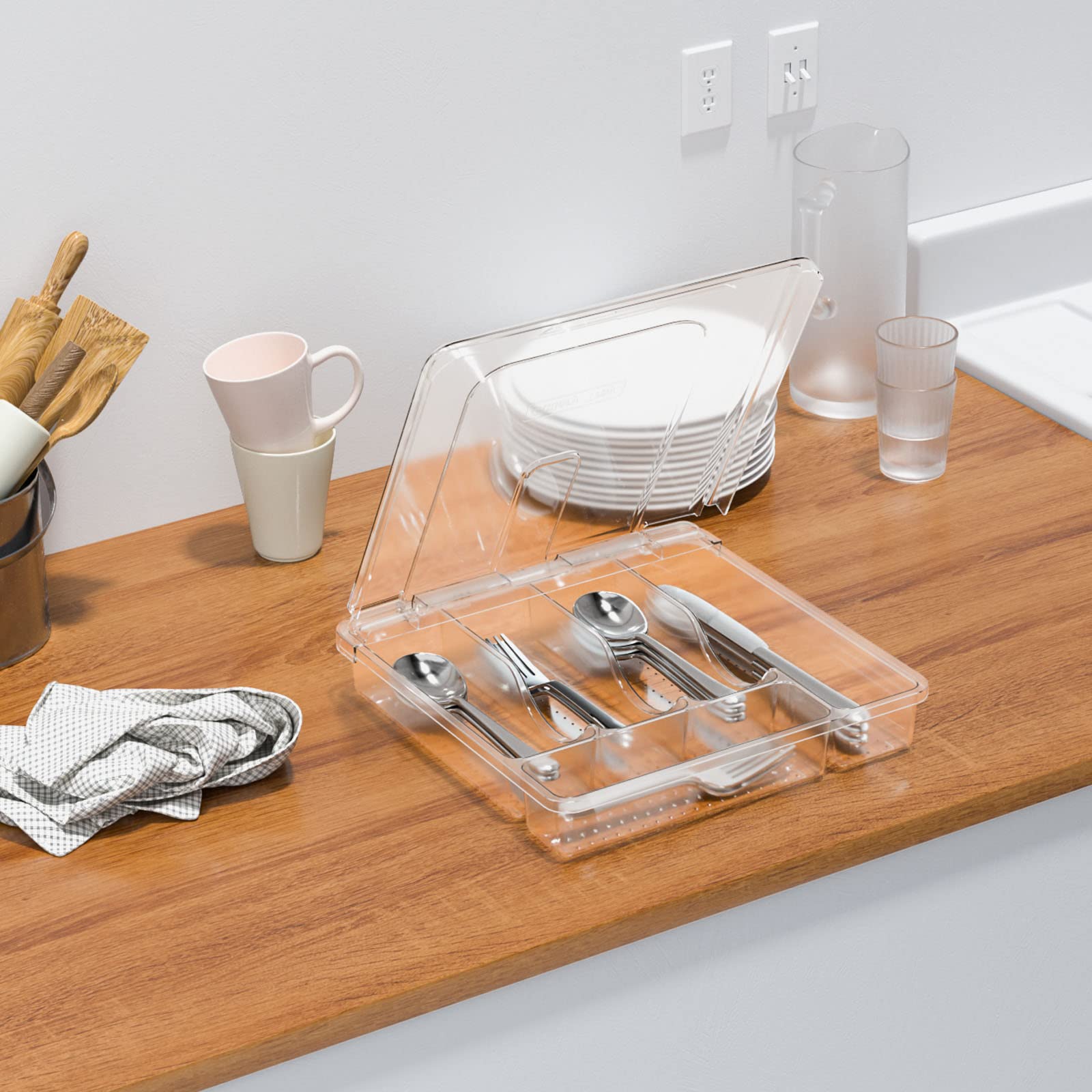 CDWMJ Silverware Organizer for Drawer & Countertop with Lid, Plastic Flatware Cutlery Tray with 5 Compartments, Dustproof Portable Kitchen Utensil Holder